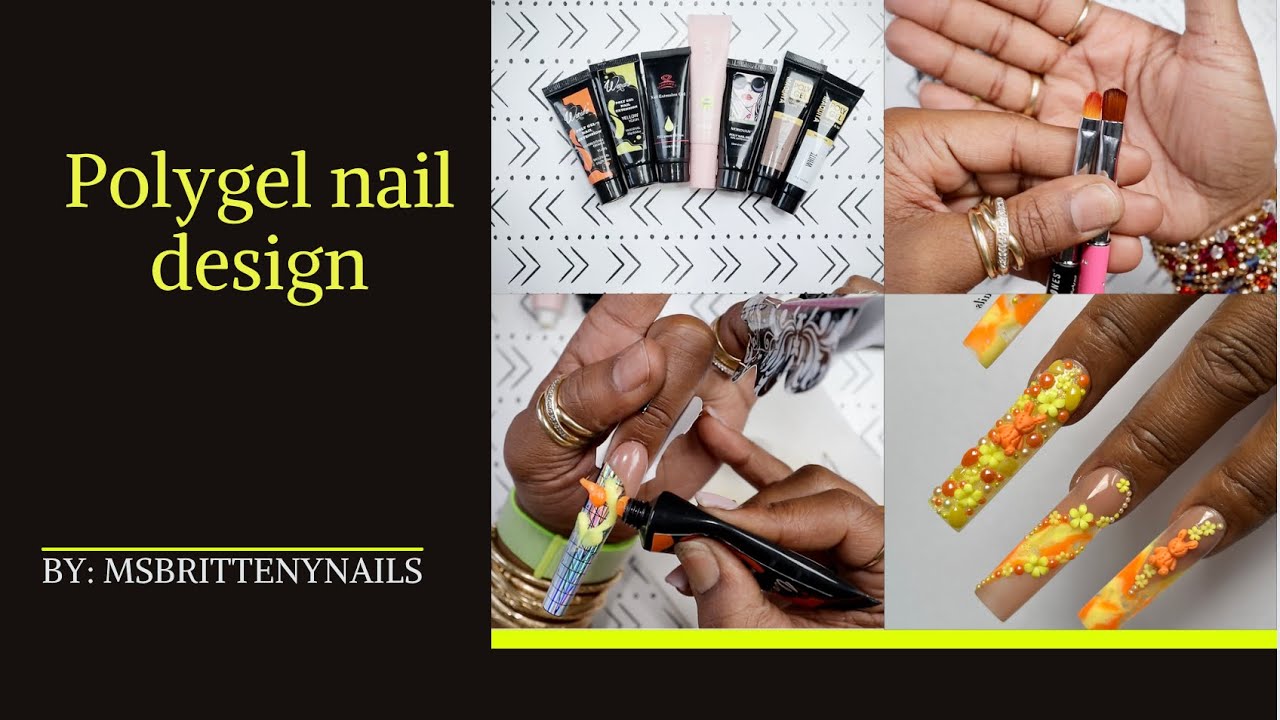 Orange and yellow polygel nails, spring/ Easter inspired. Marbled ...