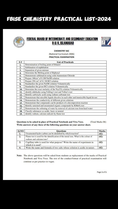 Fbise Chemistry 10th Practical List 2024 - Federal Board Exam - YouTube