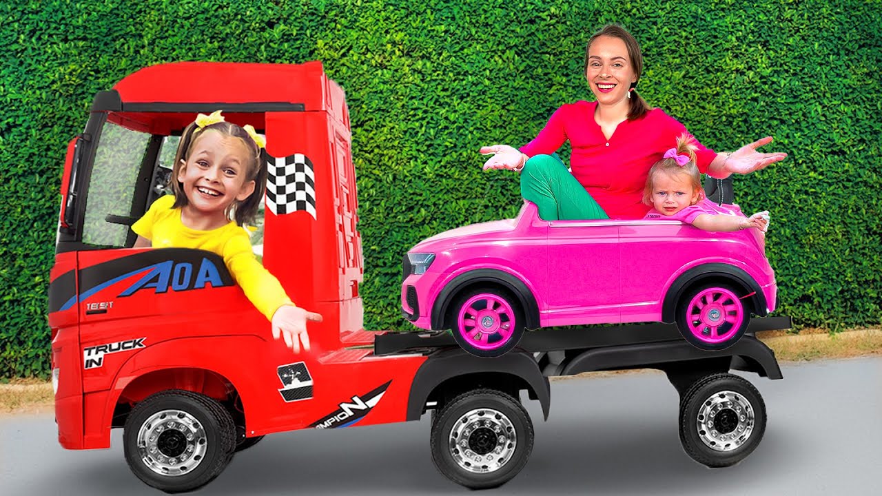 Maya plays with toy cars and trucks - Funny stories for kids - YouTube