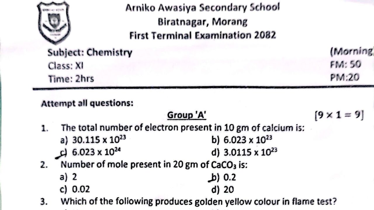 Class-11 Chemistry | First terminal question paper 2082 :: Arniko ...