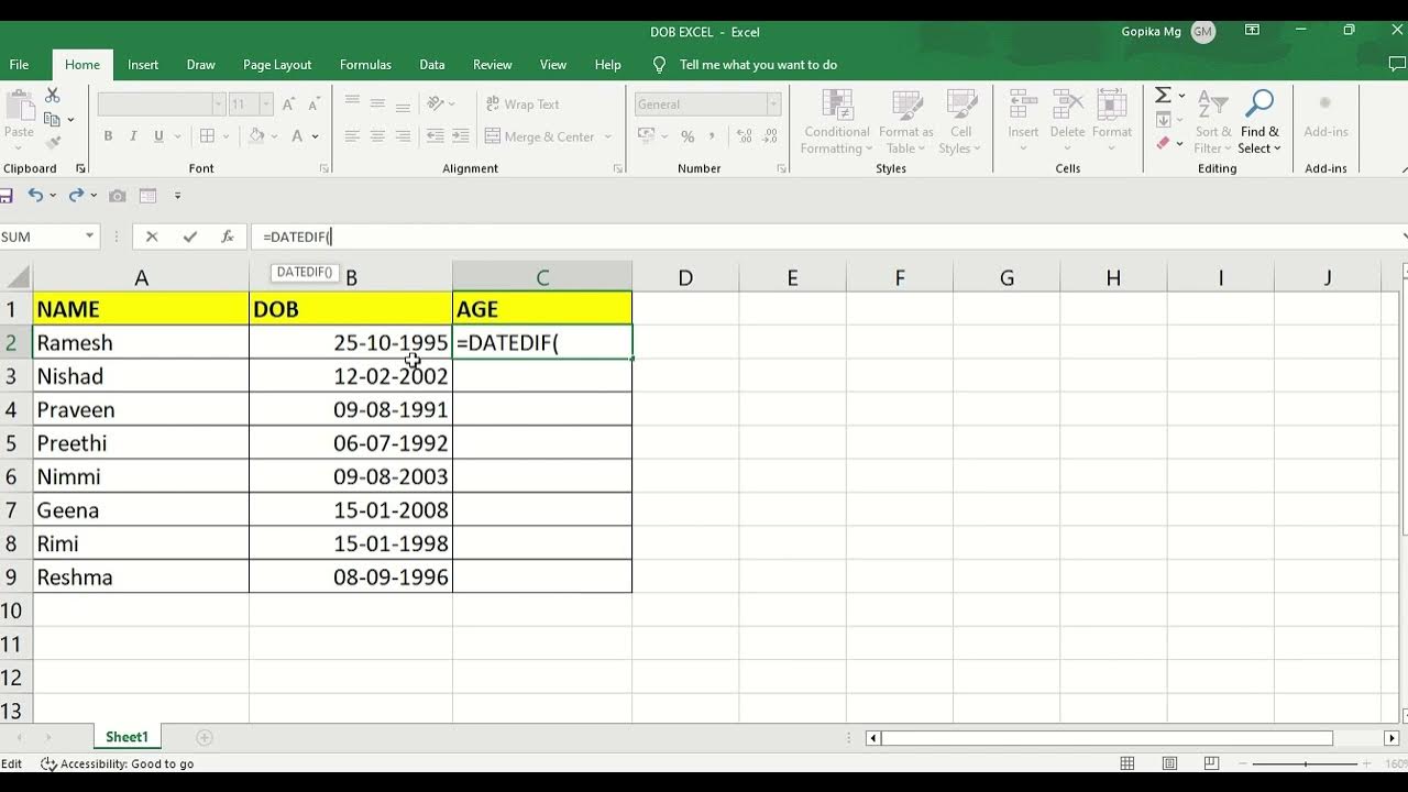 Ms Excel Age Calculation Excel Information Exceltips Shortsfeed2024 Youtube