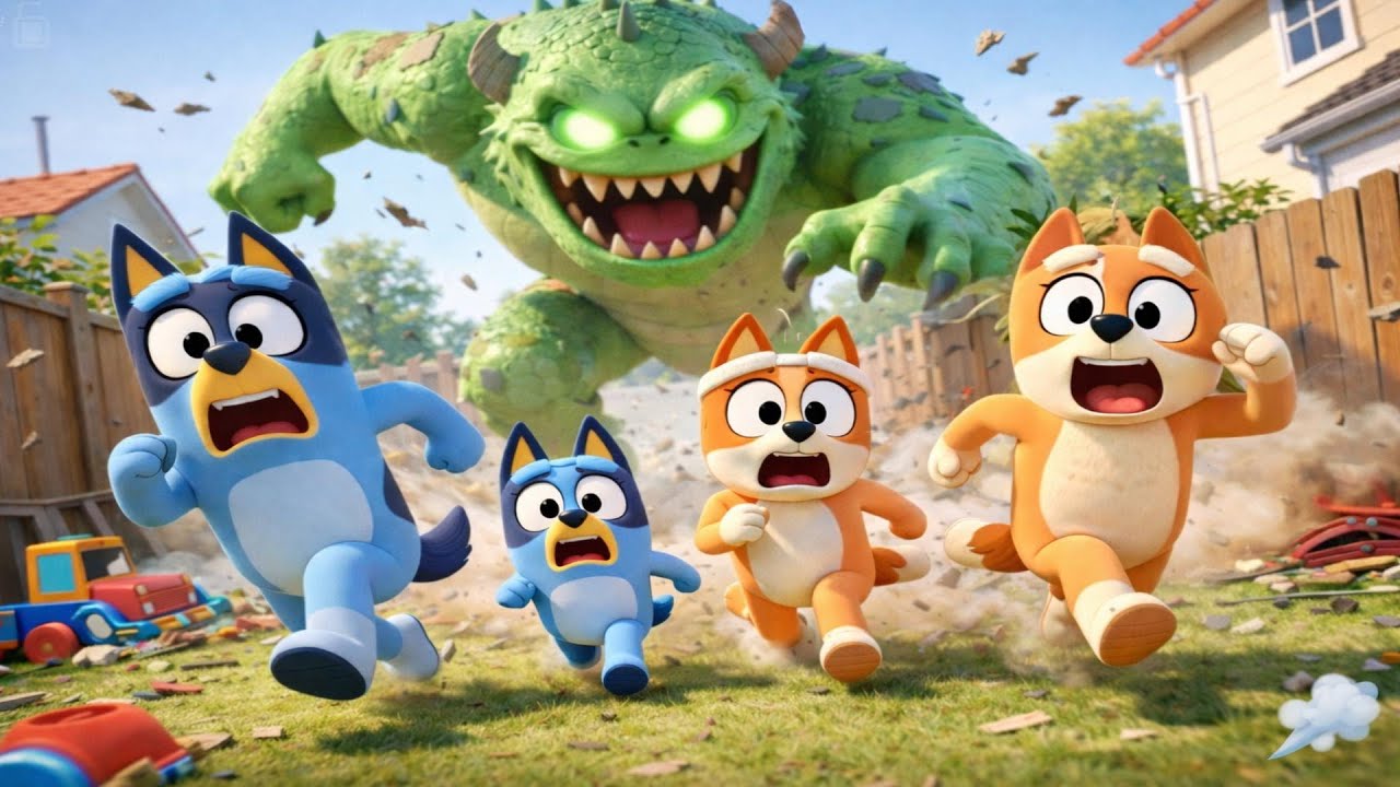 BLUEY FAMILY FLEES a CRAZY GREEN MONSTER in a WILD BACKYARD CHAOS 😂💨 ...