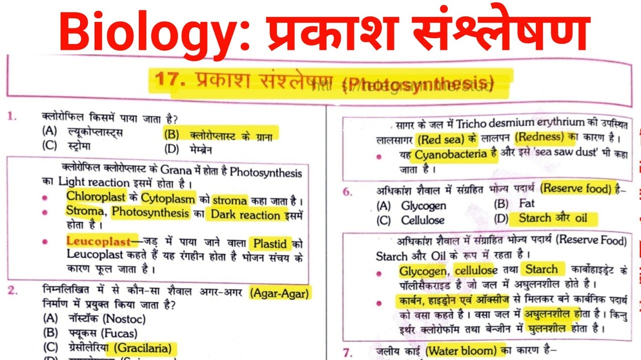 Biology PYQ objective question ( प्रकाश संश्लेषण Photosynthesis ...