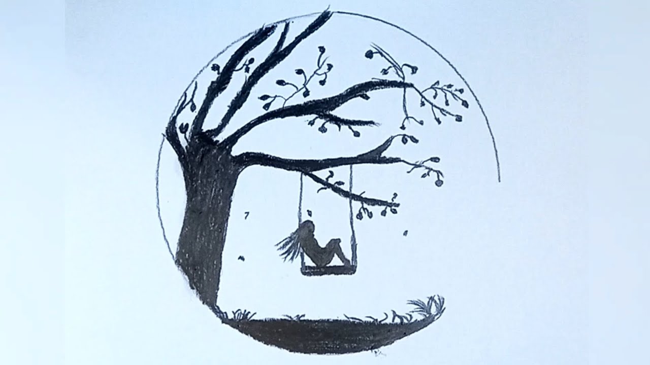 How draw a beautiful girl with long hair hanging from a swing attached ...