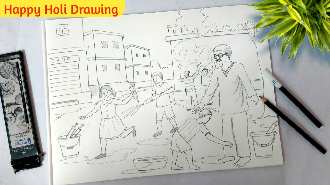 Holi Festival Scenery Drawing with Oil Pastel/ How to Draw Holi ...
