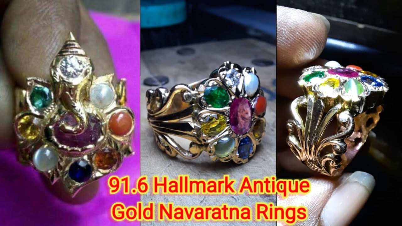 916 Hallmark Antique Gold Navaratna & Diamonds Rings | Pushparaj Gold ...