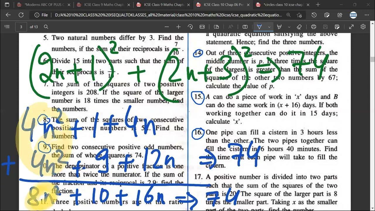 The Sum Of Squares Of Two Consecutive Positive Odd Numbers Is 74 Find The Numbers Youtube