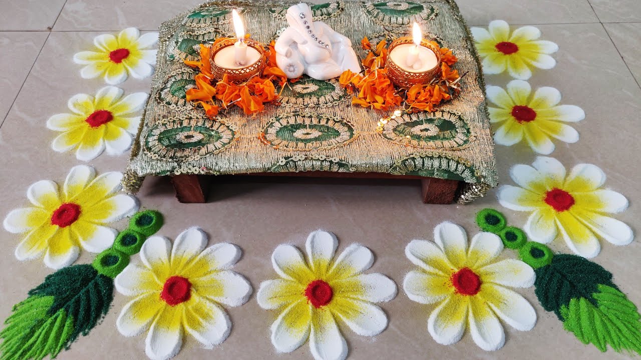 Very easy rangoli Around puja table /गणेश चतुर्थी स्पेशल सुंदर और ...