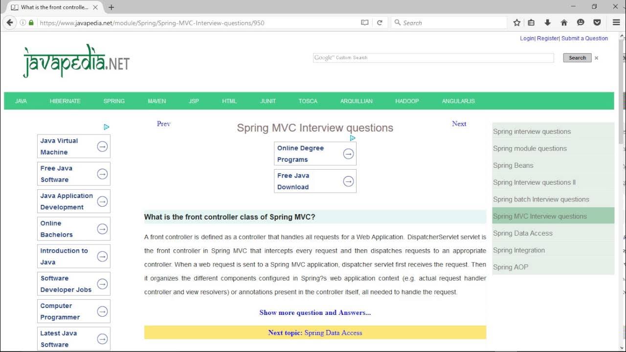 What is the front controller class of Spring MVC? | javapedia.net - YouTube