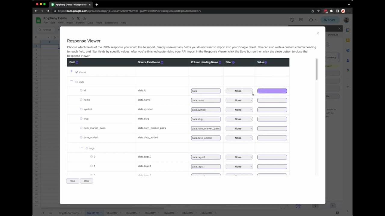 Response Viewer - Customize & Filter your API Request in Google Sheets - Apipheny - YouTube