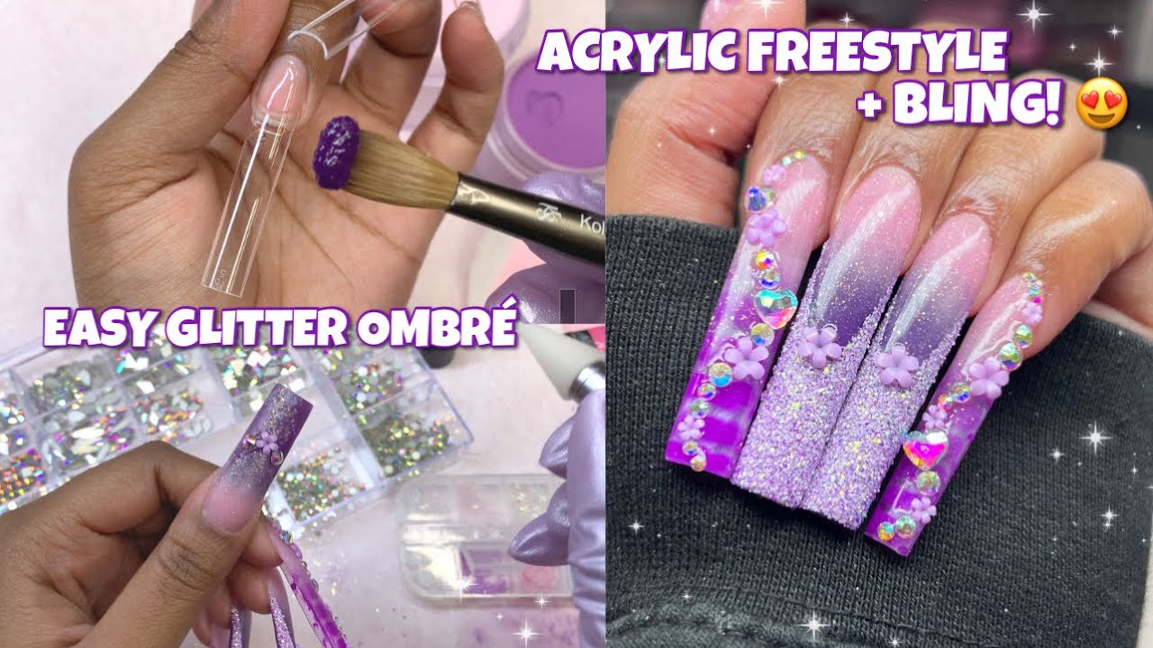 PURPLE FLOWER BLING FREESTYLE 💜 | Easy acrylic application + chit chat ...