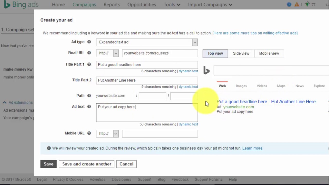 Bing Ads Expanded Text Ad Setup Tutorial - YouTube