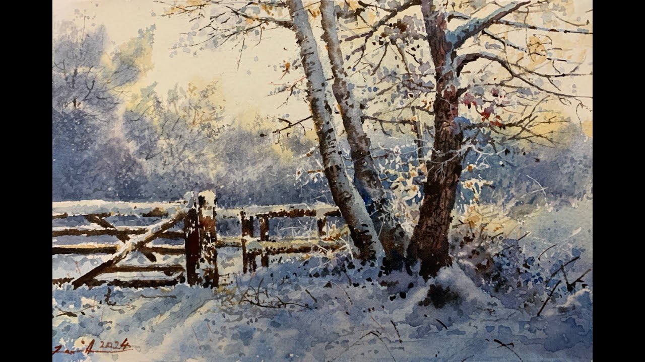 Watercolor painting tutorial - Snowy Scene - YouTube