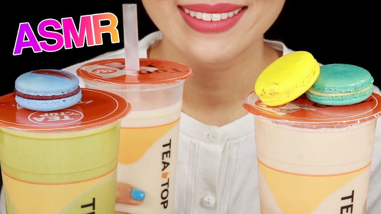 ASMR BUBBLE TEA BOBA MILK TEA GULPING SOUNDS MACARONS No Talking ...