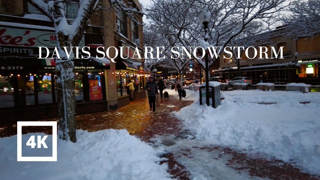 4K | Walking Evening to Night Snowstorm | Davis Square Boston | City ...