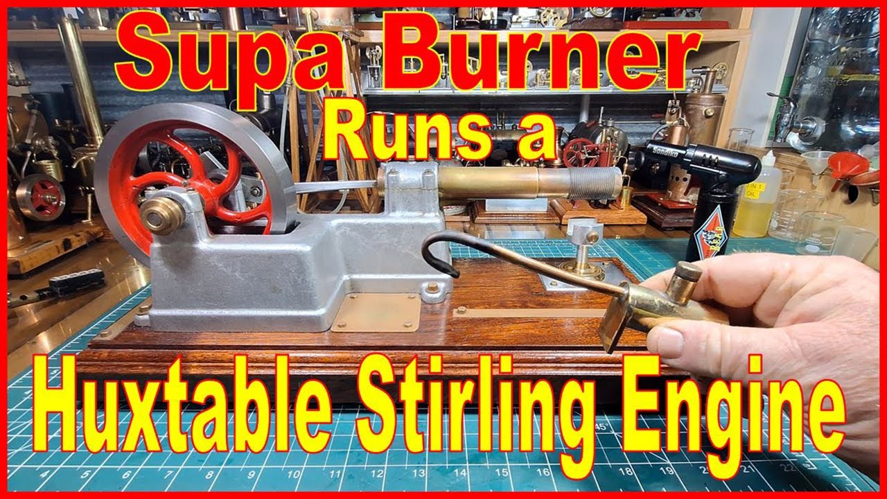 Supa Burner runs a Huxtable Stirling Engine - YouTube