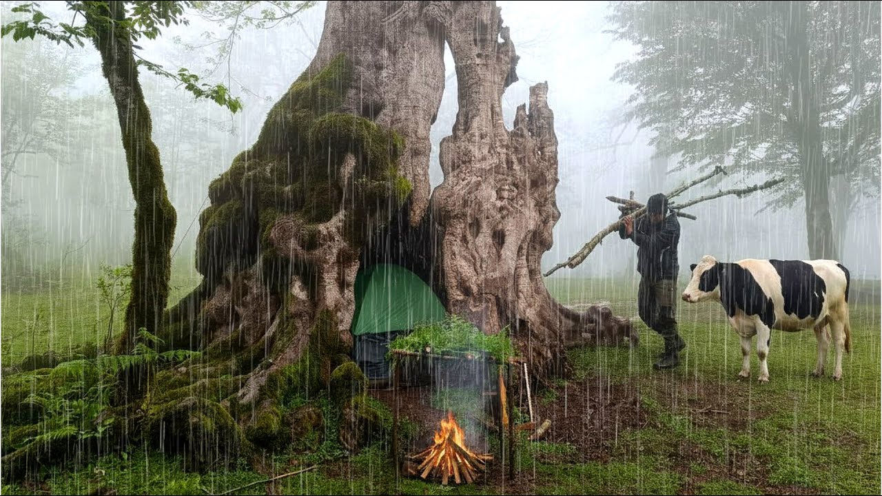 Solo Camping Inside a Strange Tree Trunk in Rain and Fog – An ...
