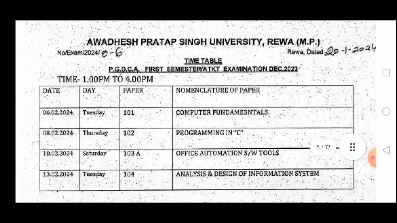 apsu rewa exam time table dec 2023 PG 1st Sem exam, ma msc mcom pgdca ...