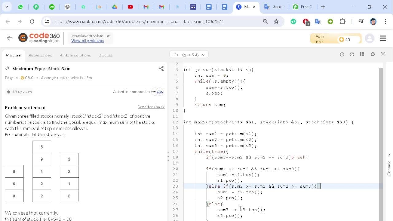 Maximum Equal Stack Sum Problem Solving | Coding Ninjas - YouTube