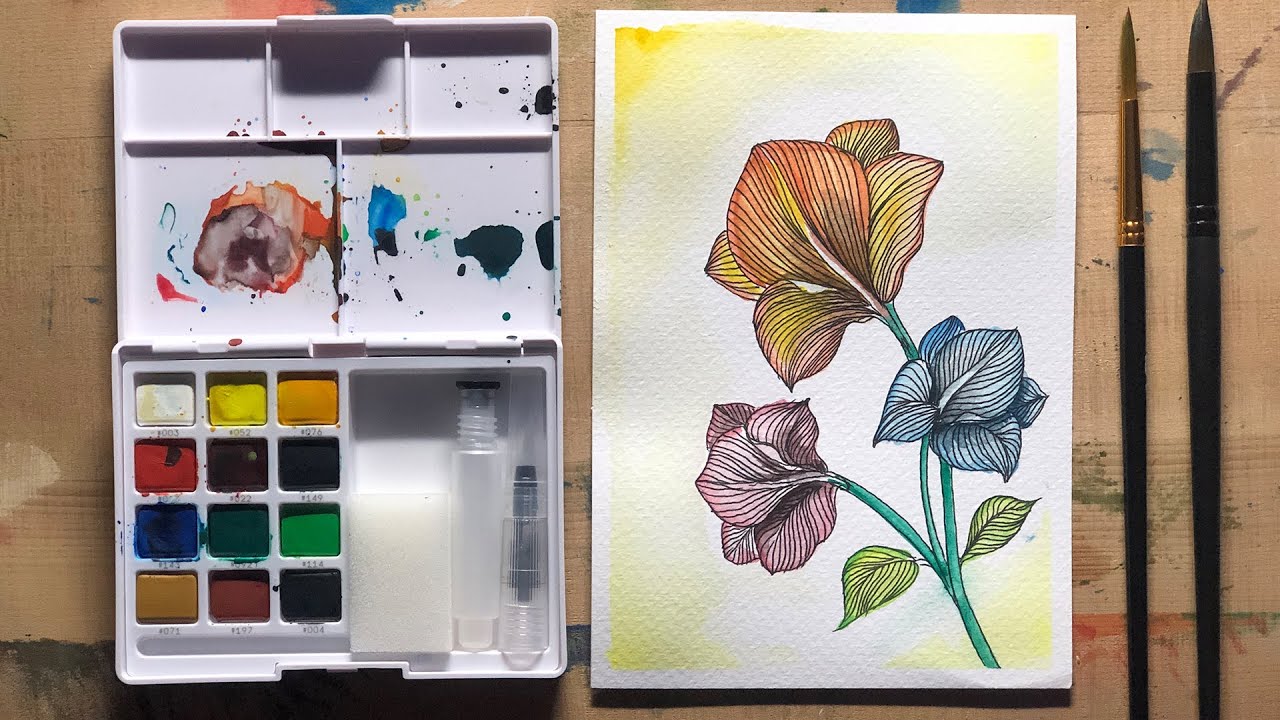 Watercolor Day 15 | Flower Watercolor Painting followed by Line Drawing ...
