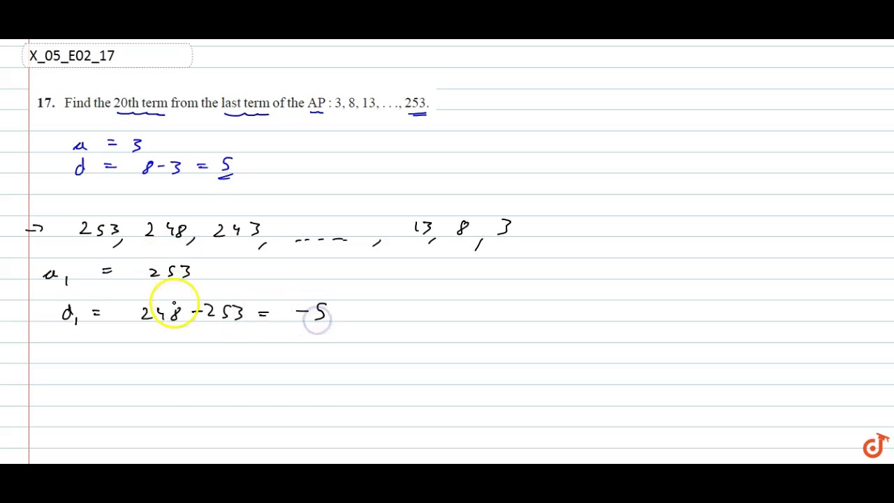 Find the `20^(t h)` term from the last term of the AP : 3, 8, 13 ...