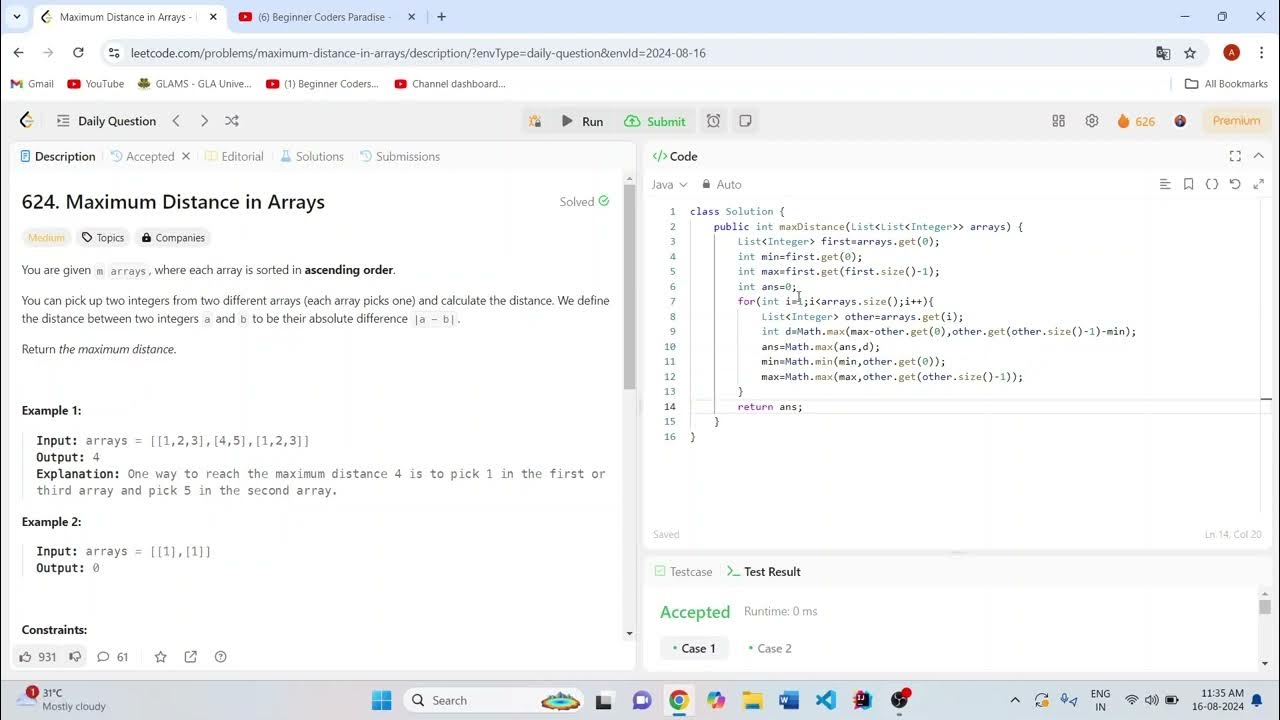 624. Maximum Distance in Arrays | Leetcode | POTD - YouTube