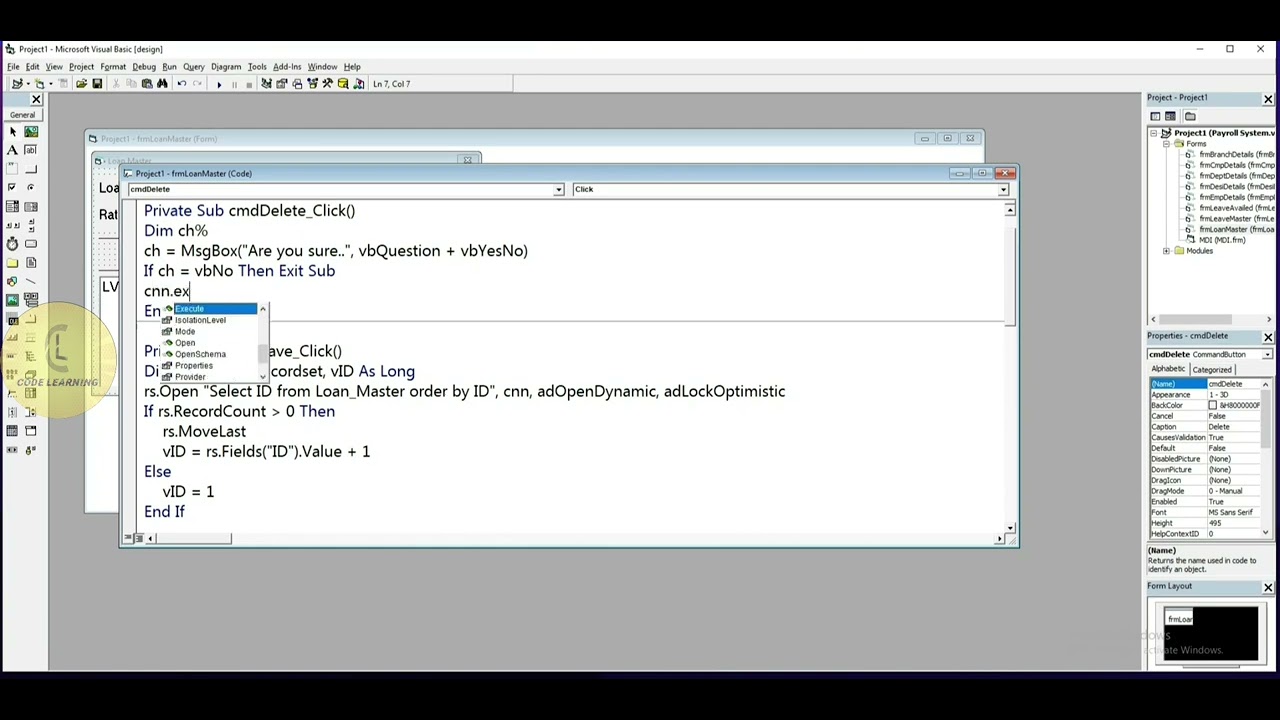 Visual basic 6.0 | Payroll Project 'frmLoanMaster delete data ...