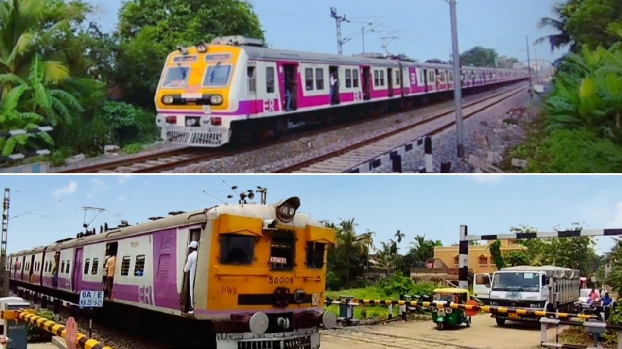 [2 in 1] Different Types Emu Local Train Slowly Passing Out Busy Rail ...