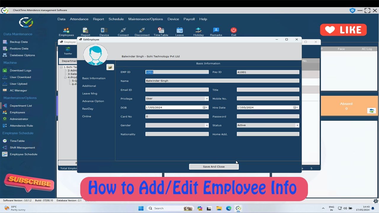 How to Add/Edit Employee Info in Check Time V3 | Time Attendance Management Software - YouTube
