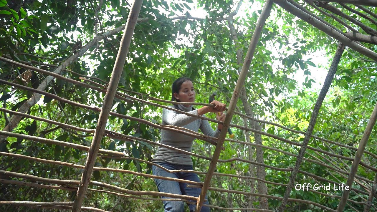 Girl Living Off Grid, Build a House from Tree Leaves in Tropical Rain ...