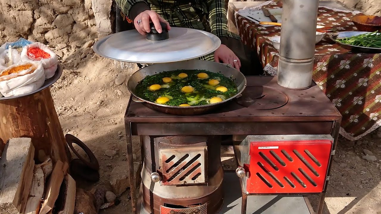 Leek with eggs cooking in traditional stove in Afghanistan/ Beautiful ...