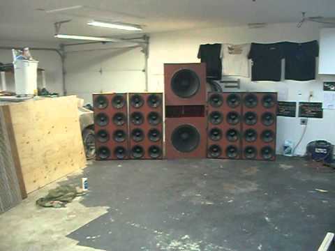 21 inch subs with 32 10s. Big home stereo. - YouTube