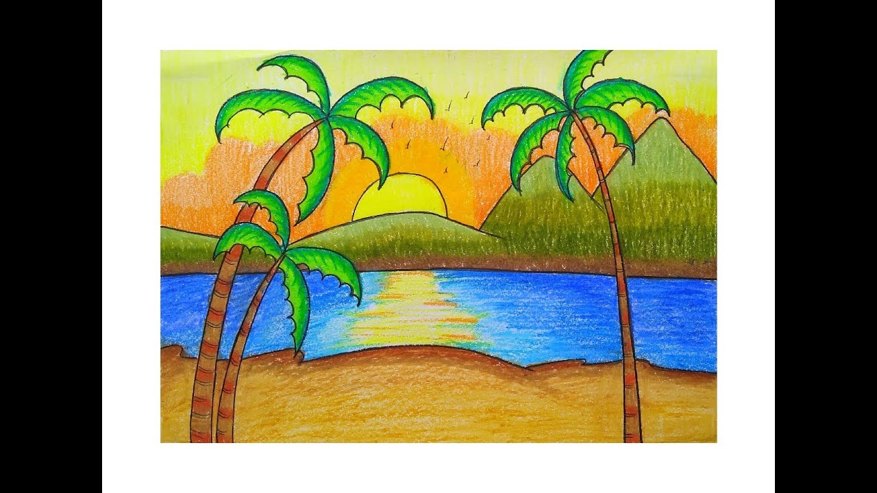 HOW TO DRAW A SCENERY OF SEA BEACH/EASY SEA BEACH SCENERY DRAWING/STEP ...