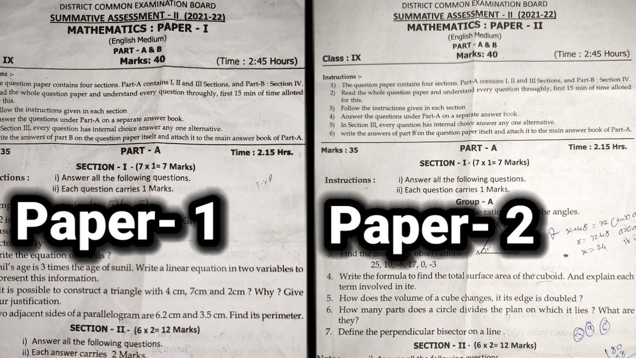 9th class | Maths | Summative Assessment - 2 | paper-1 and paper-2| SA ...