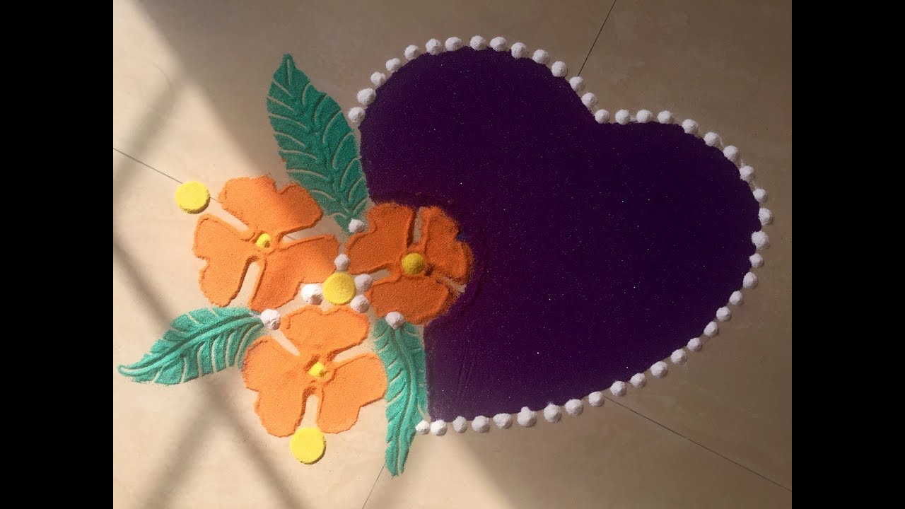 Easy heart shape rangoli design using home tools - YouTube