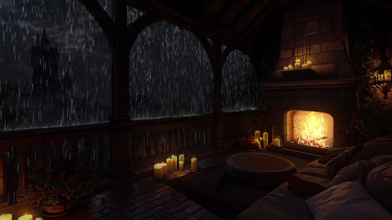 Heavy Rain and Candlelight | Castle View in a Cozy and Peaceful Balcony ...