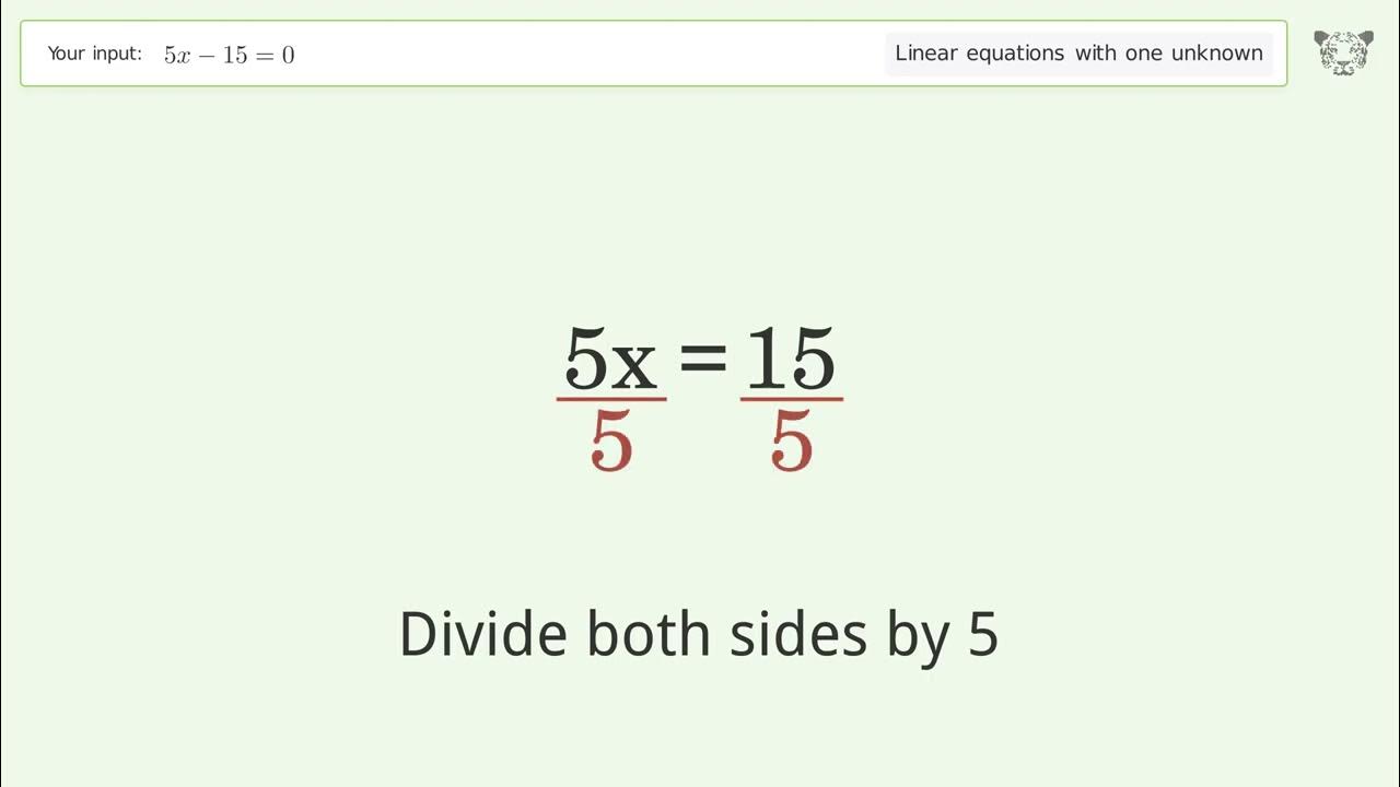 Linear equation with one unknown: Solve 5x-15=0 step-by-step solution - YouTube