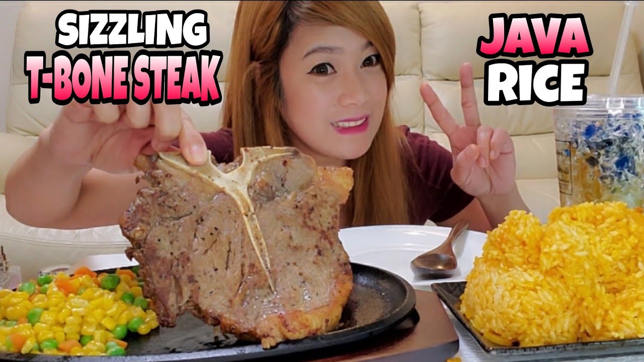 SIZZLING T-BONE STEAK / 3CUPS of JAVA RICE MUKBANG / INDOOR OUTDOOR ...