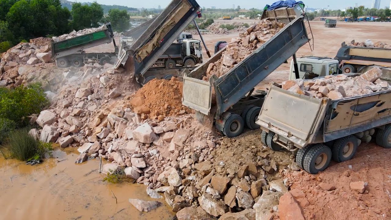Team Operator Skills Filling Stone Use Bulldozer Spreading Stone and ...
