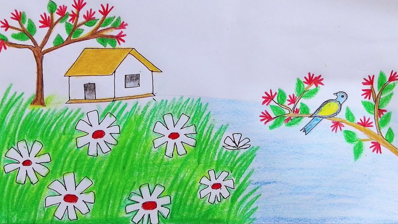 Springtime scene drawing step by step || Flower garden on river site ...