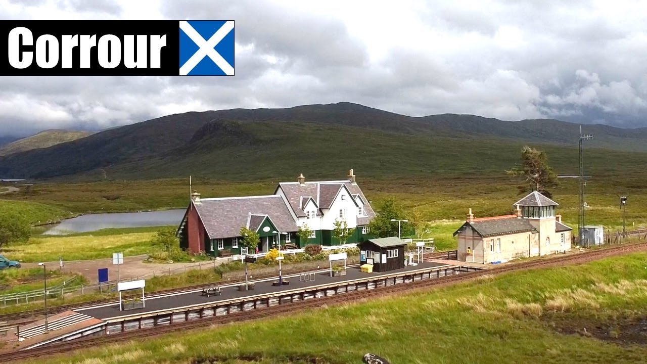 Fly past of Corrour railway station in Scottish Highlands ...