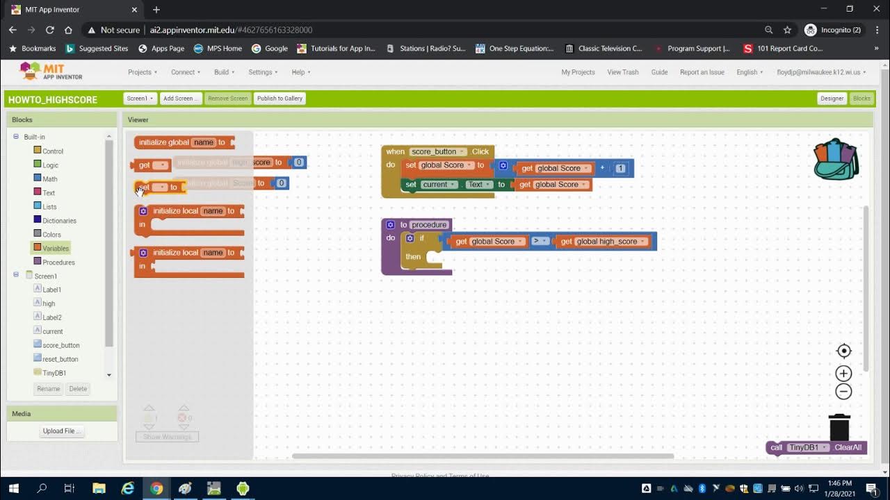 Creating a High Score in MIT APP INVENTOR 2 PLTW APP Creators - YouTube