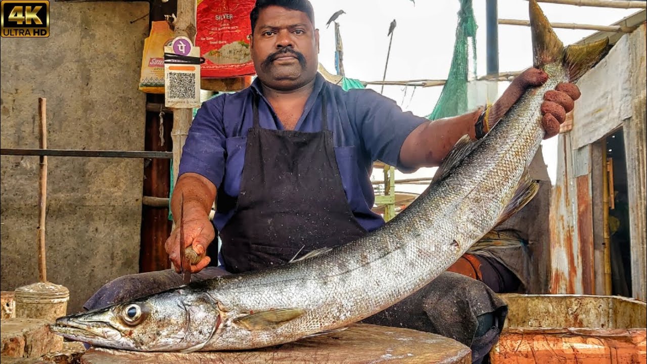 KASIMEDU 🔥 SPEED SELVAM | BIG BARRACUDA FISH CUTTING VIDEO | 4K VIDEO ...
