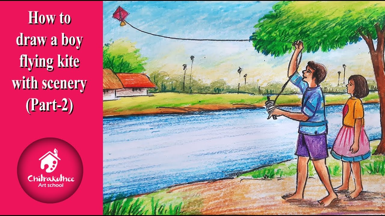 How to draw a boy flying kite with scenery (Part-2) - YouTube