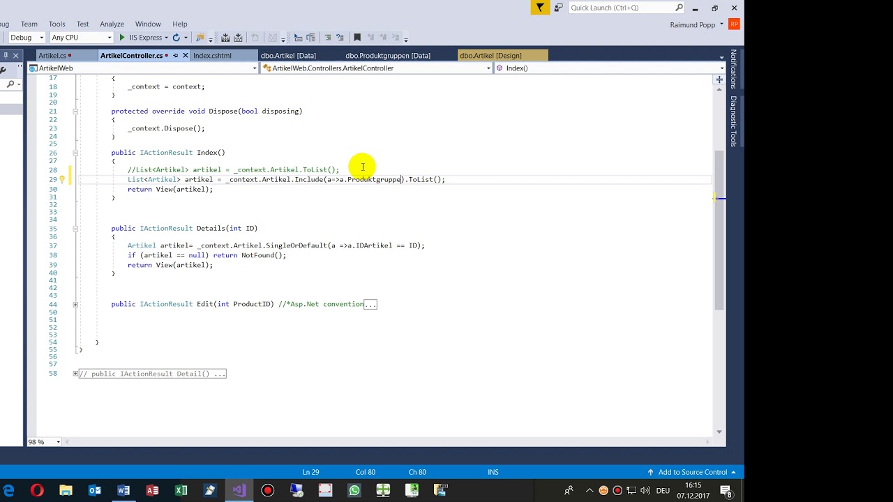 🚩 #16 ASP Eager Loading eingebundene Tabellen anzeigen 📚 ASP.Net Core 2 ...