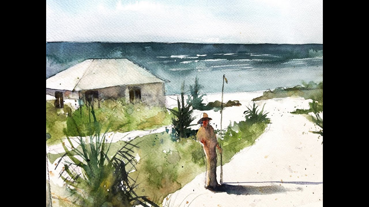 EXTREME BEGINNERS - Beach Shack at Oceanside with Fisherman Watercolor ...