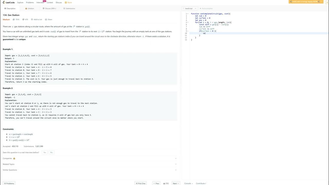 134. Gas Station - JavaScript - Fast And Simple - YouTube