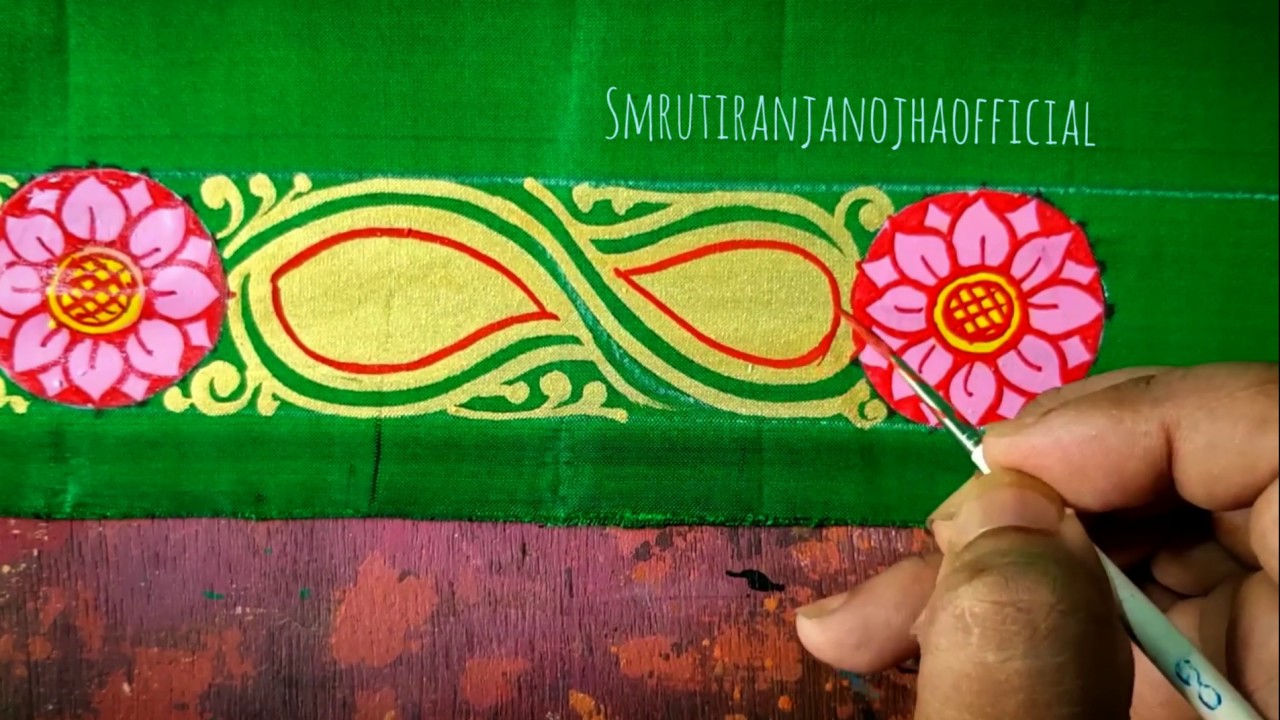 Fabric Painting//lotus and leaf pattern//pattachitra saree border by ...