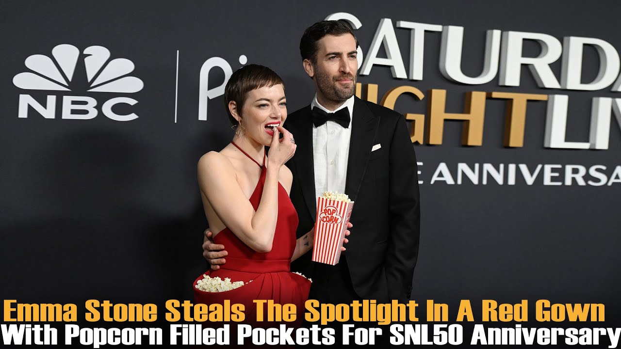 Emma Stone Steals The Spotlight In A Red Gown With Popcorn Filled ...