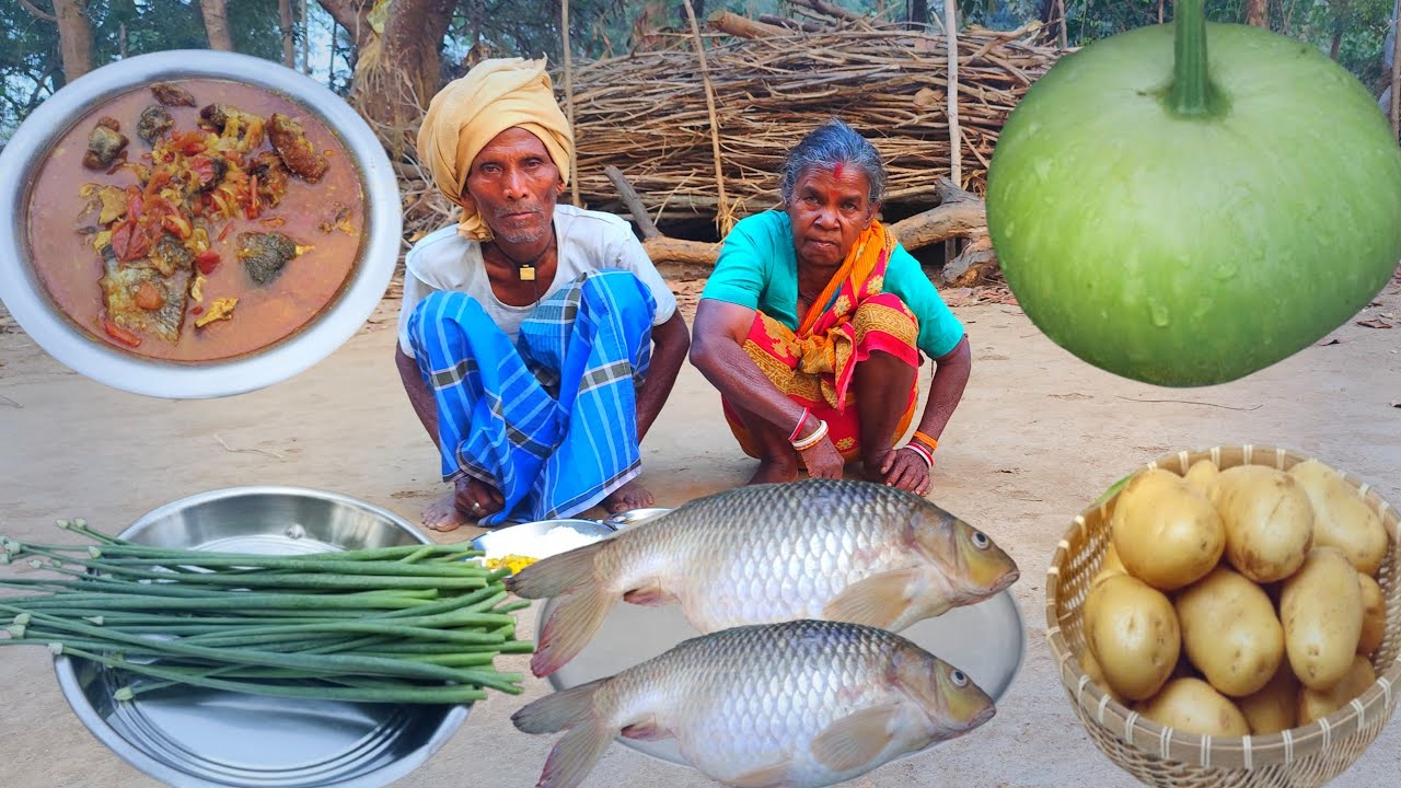 80 years grandma cooking AMERICAN FISH curry with ONION LEAVES ...